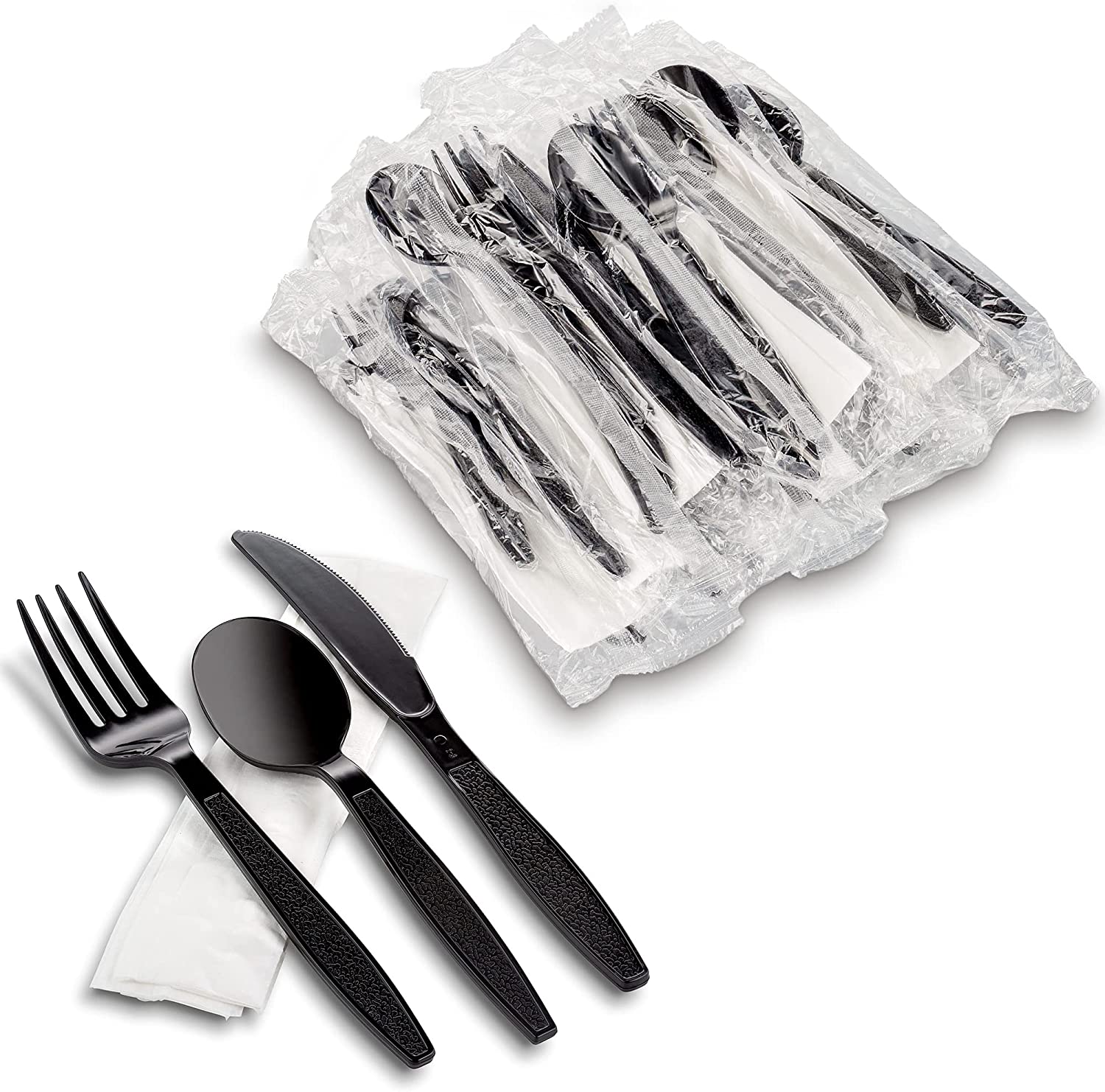 MT Products Individually Wrapped Disposable Black Plastic Cutlery Set ...
